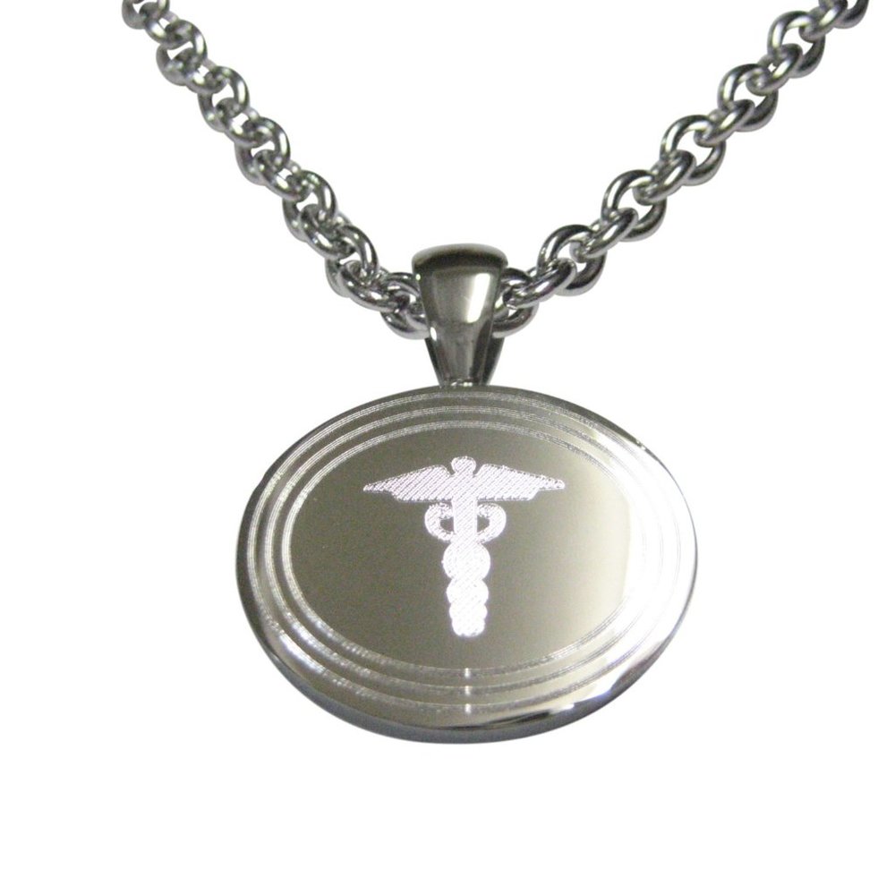 Oval Caduceus Medical Symbol Pendant Necklace - Gem